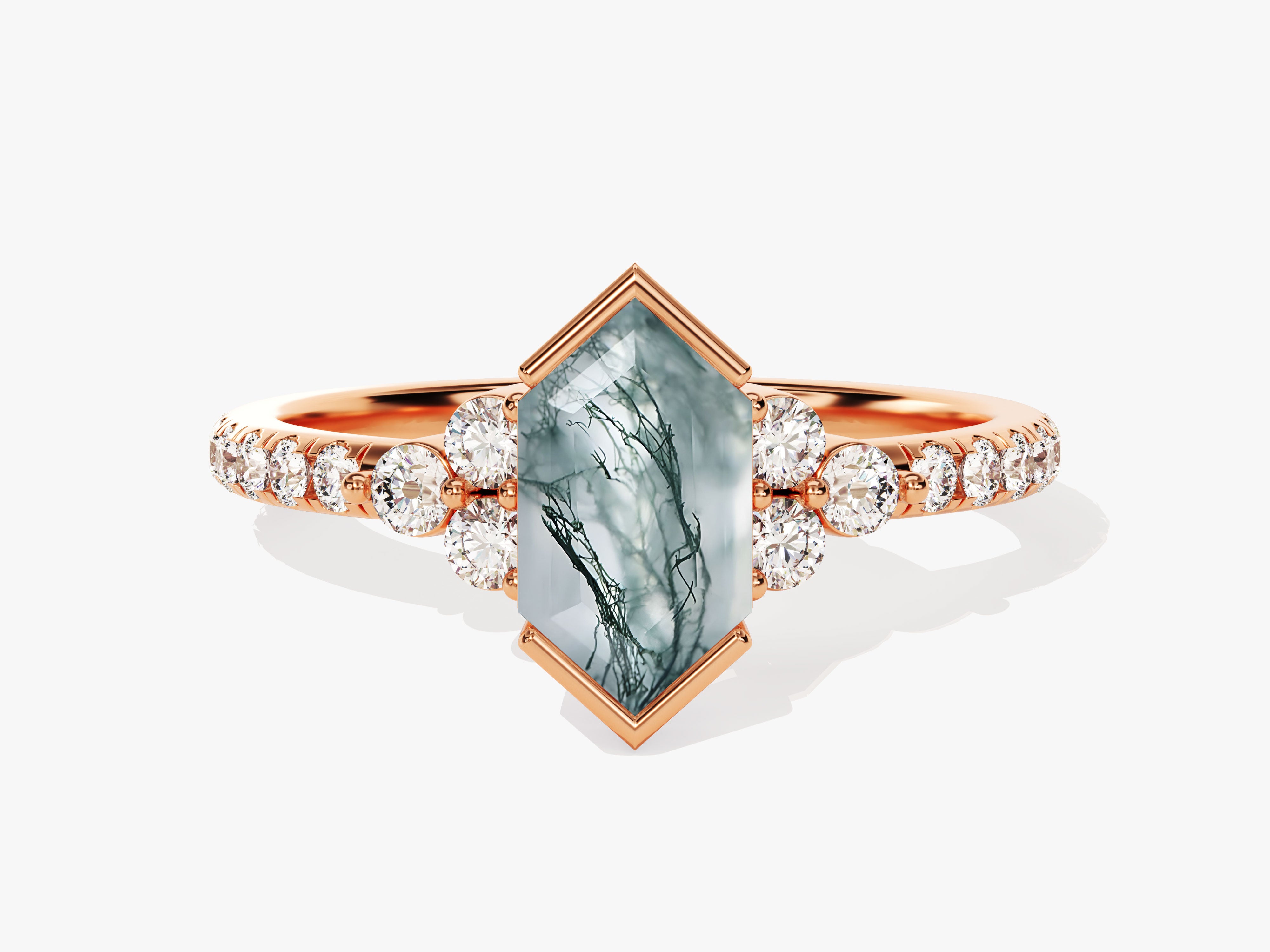 Long Hexagon Moss Agate Engagement Ring | Eternate