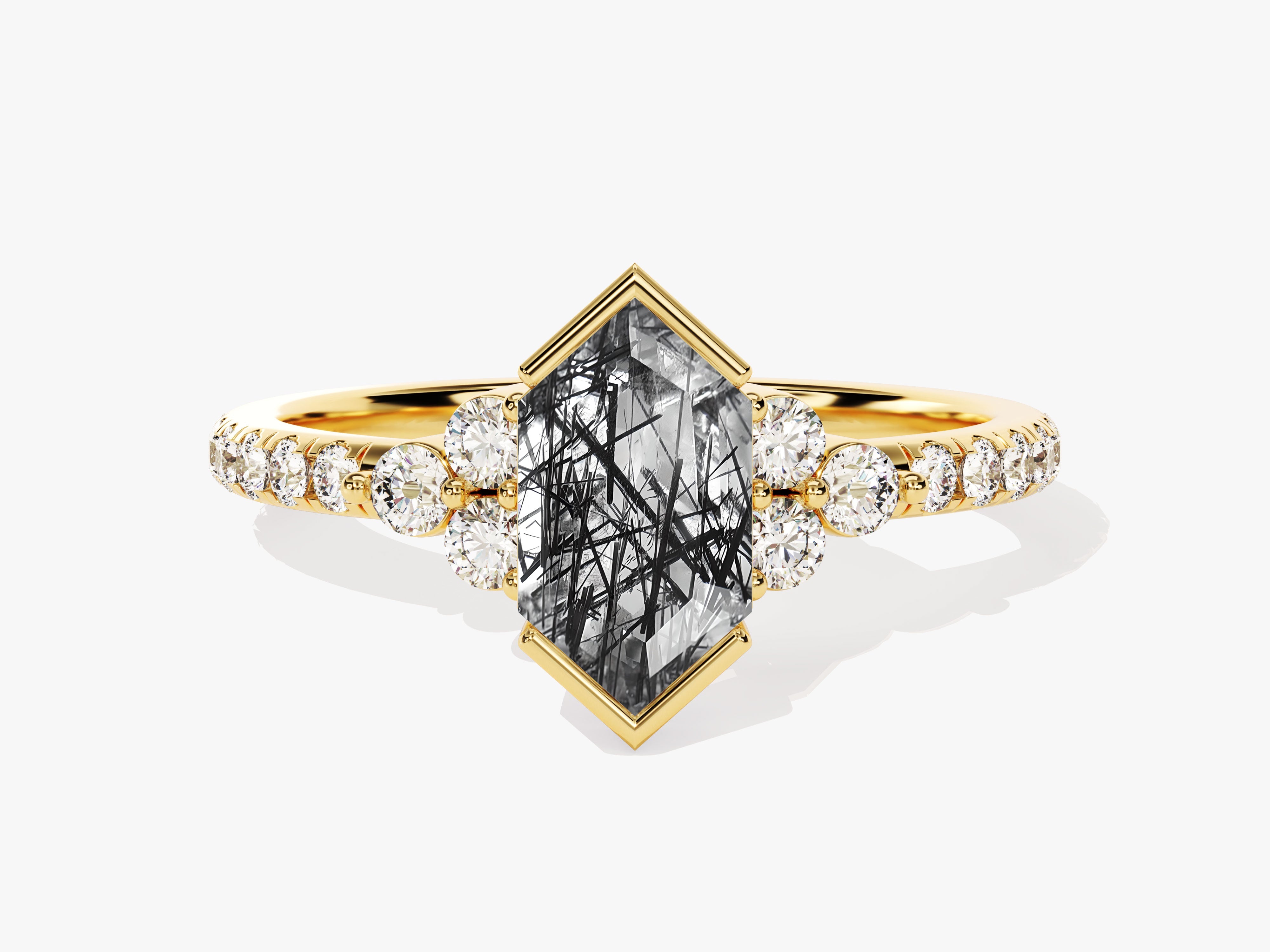 Pave Set Long Hexagon Black Rutile Engagement Ring | Eternate